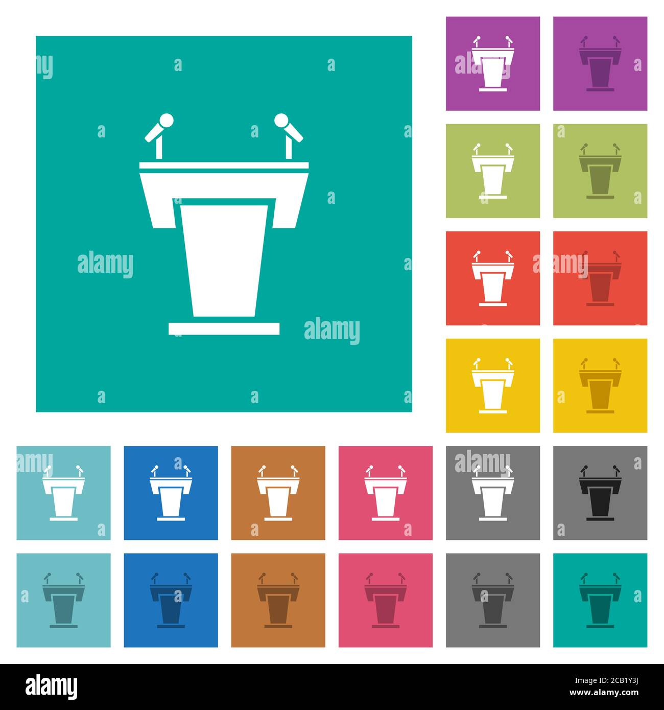Conference podium with microphones multi colored flat icons on plain ...