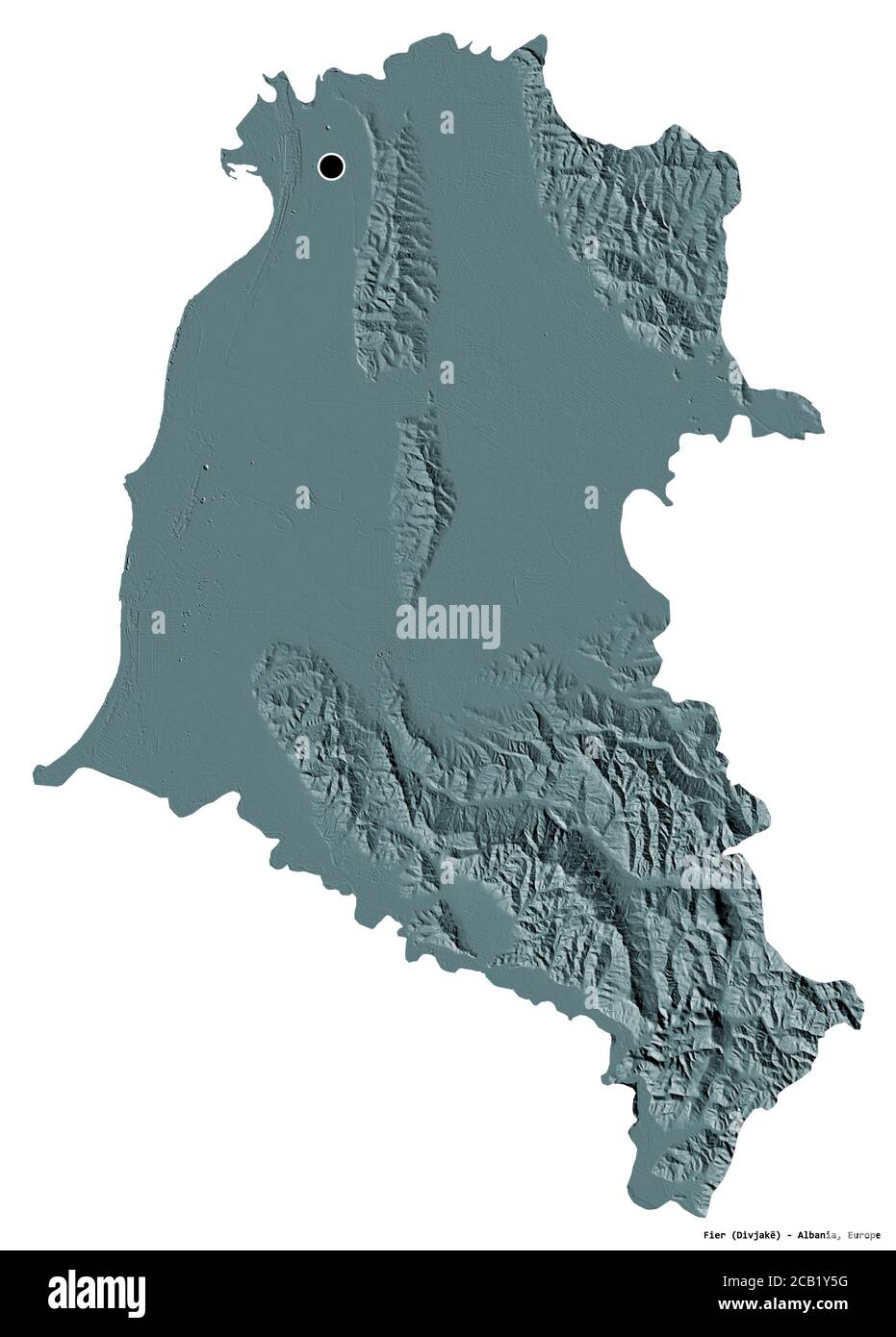 Shape of Fier, county of Albania, with its capital isolated on white ...