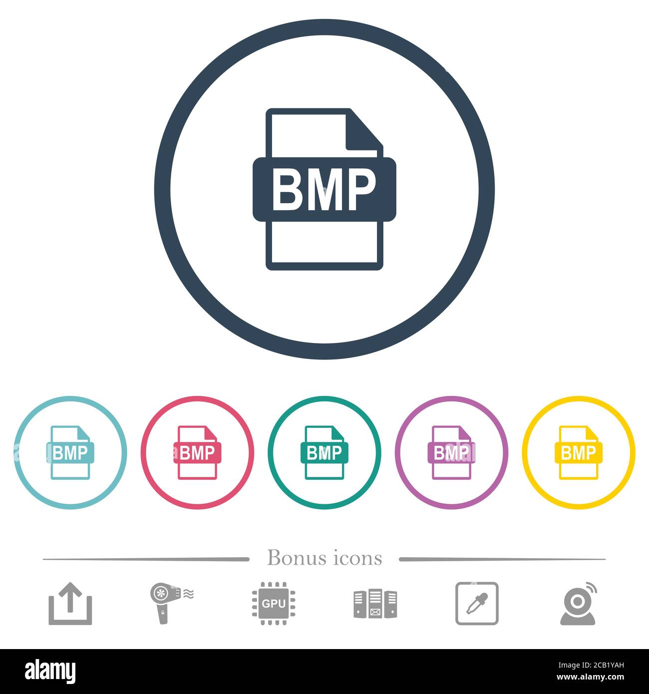 BMP file format flat color icons in round outlines. 6 bonus icons ...
