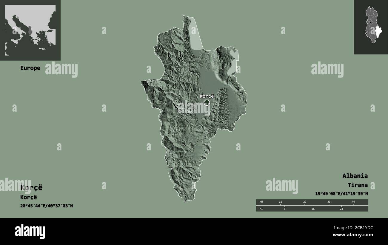 Shape of Korçë, county of Albania, and its capital. Distance scale ...