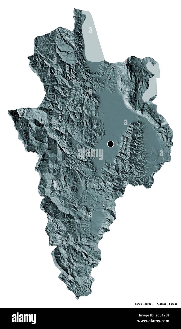 Shape of Korçë, county of Albania, with its capital isolated on white ...