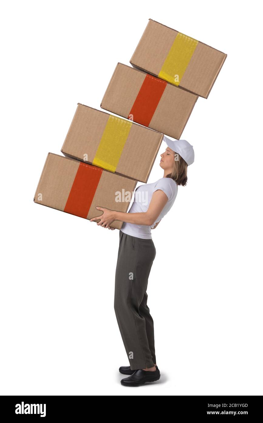 Delivery woman with heap of big boxes isolated on white background ...