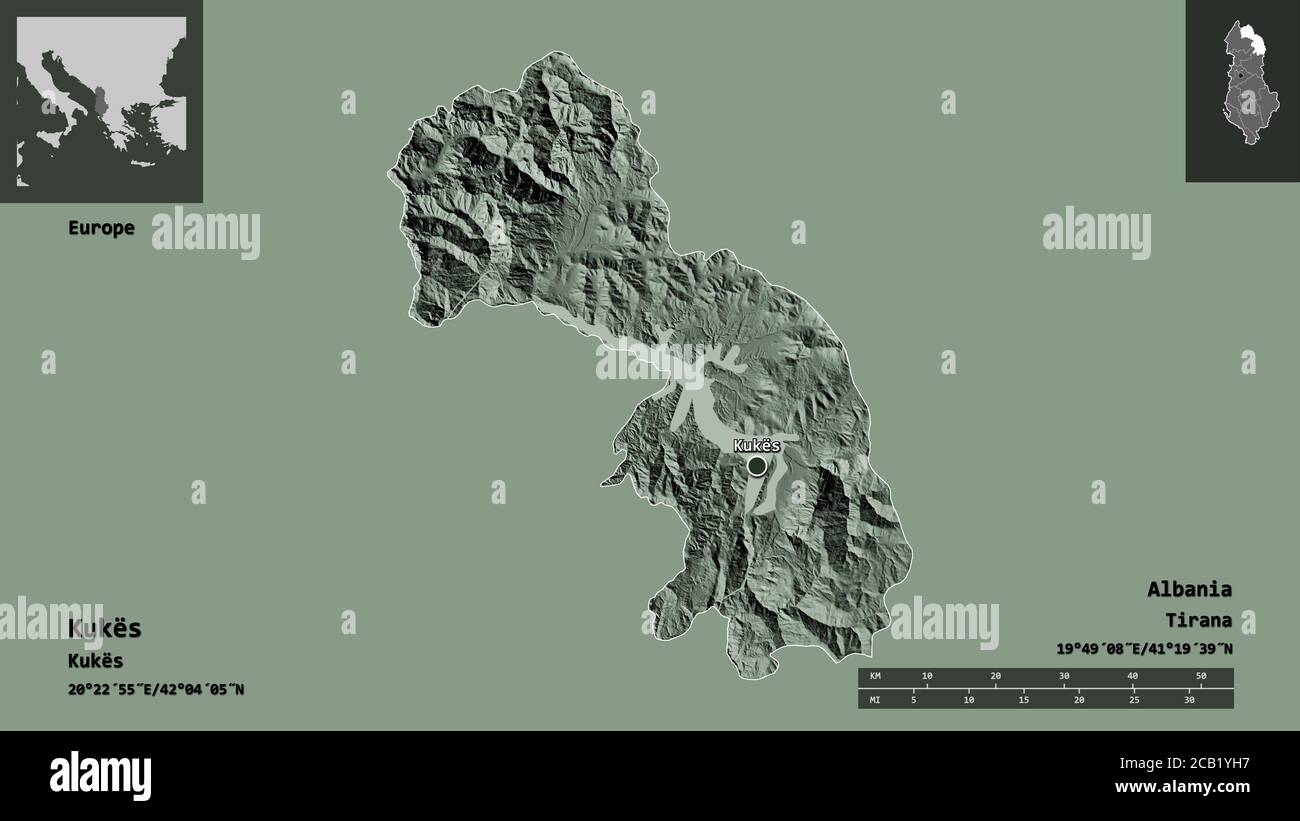 Shape of Kukës, county of Albania, and its capital. Distance scale ...