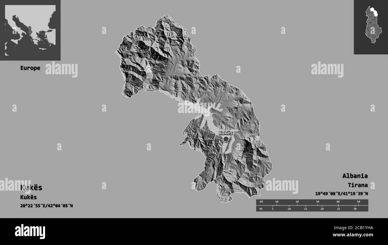 Shape of Kukës, county of Albania, and its capital. Distance scale ...