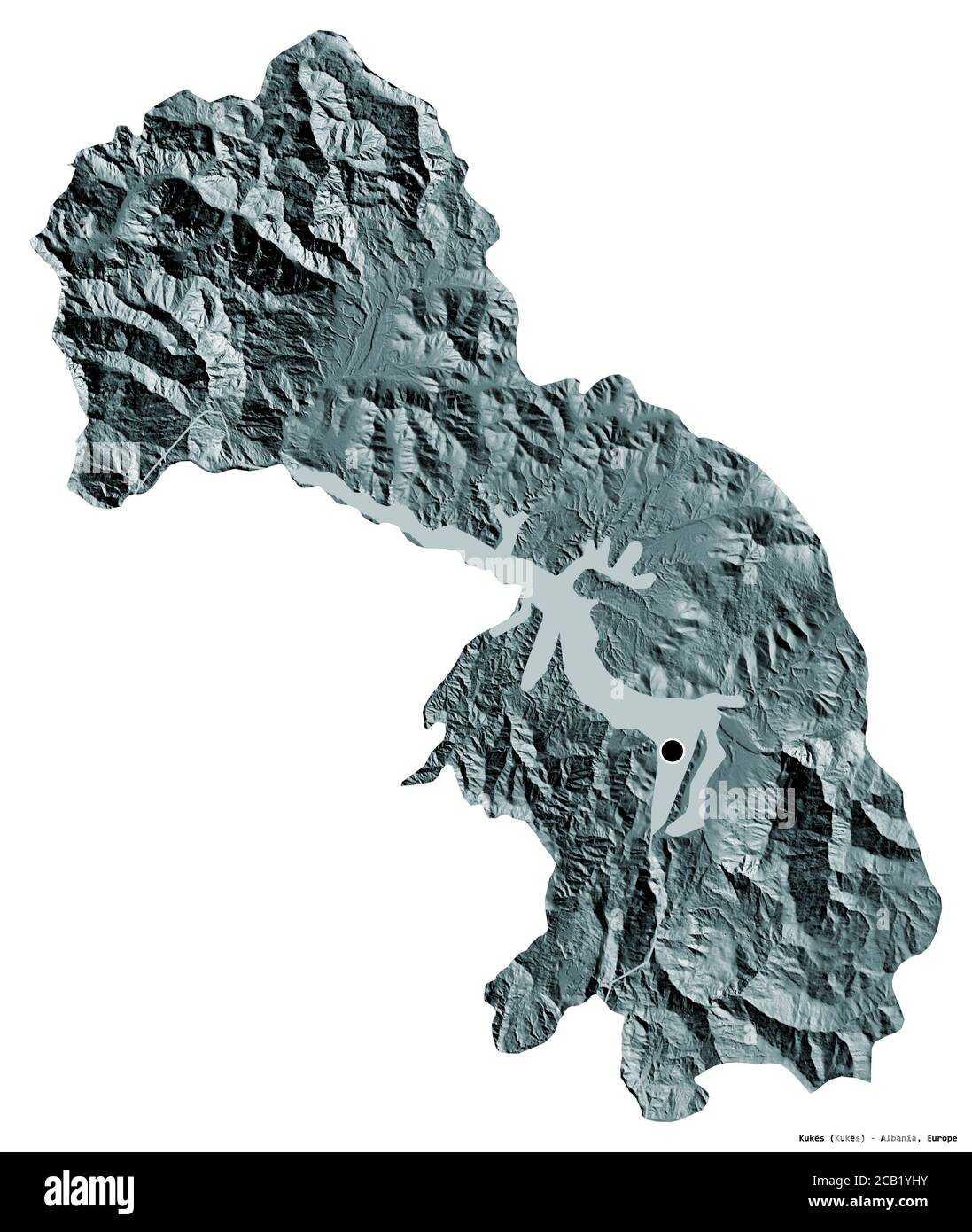 Shape of Kukës, county of Albania, with its capital isolated on white ...