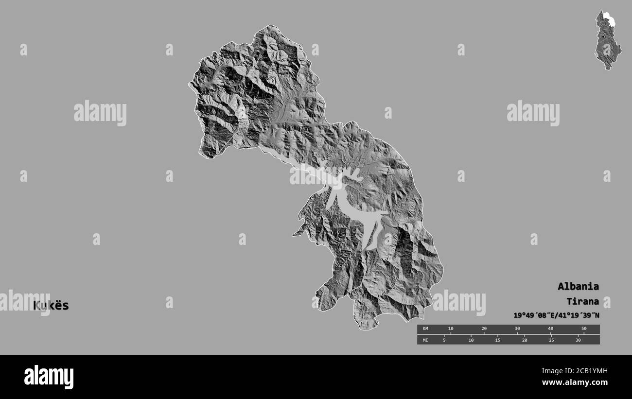 Shape of Kukës, county of Albania, with its capital isolated on solid ...