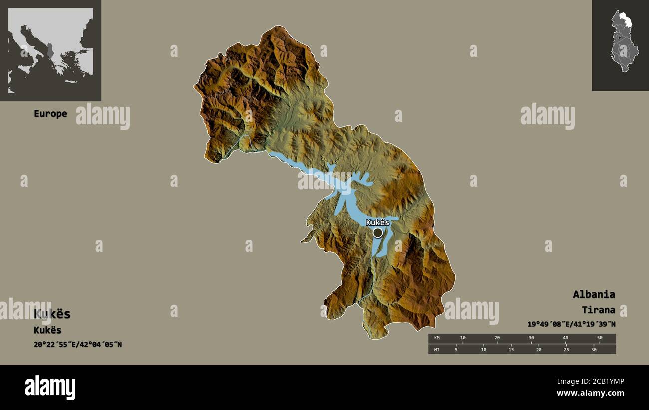 Shape of Kukës, county of Albania, and its capital. Distance scale ...
