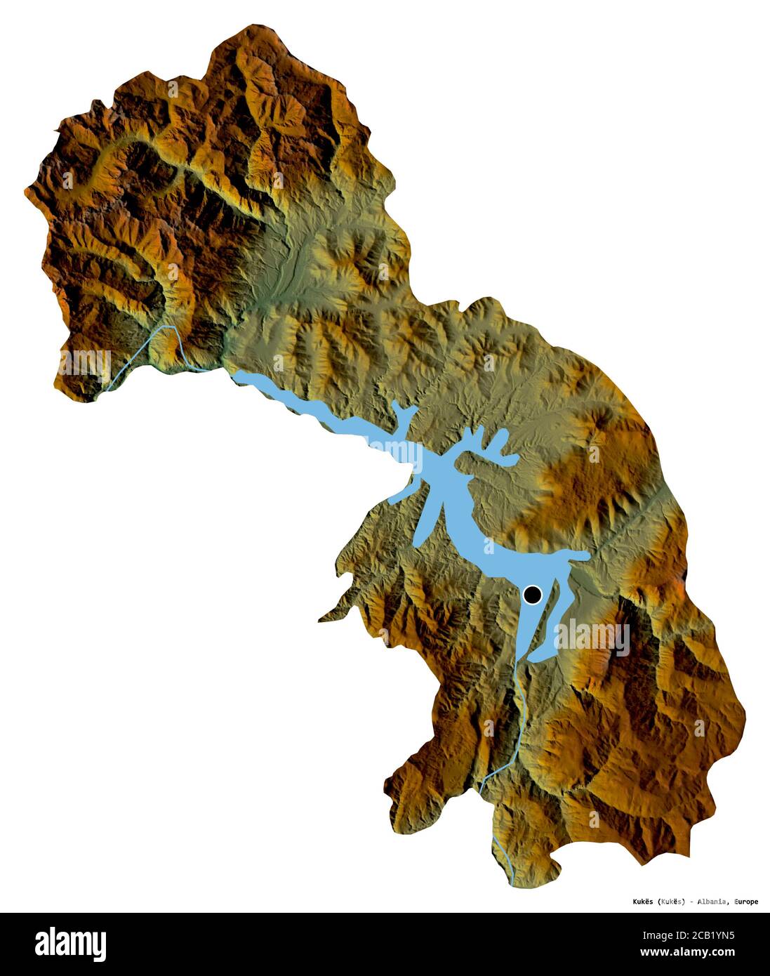 Shape of Kukës, county of Albania, with its capital isolated on white ...