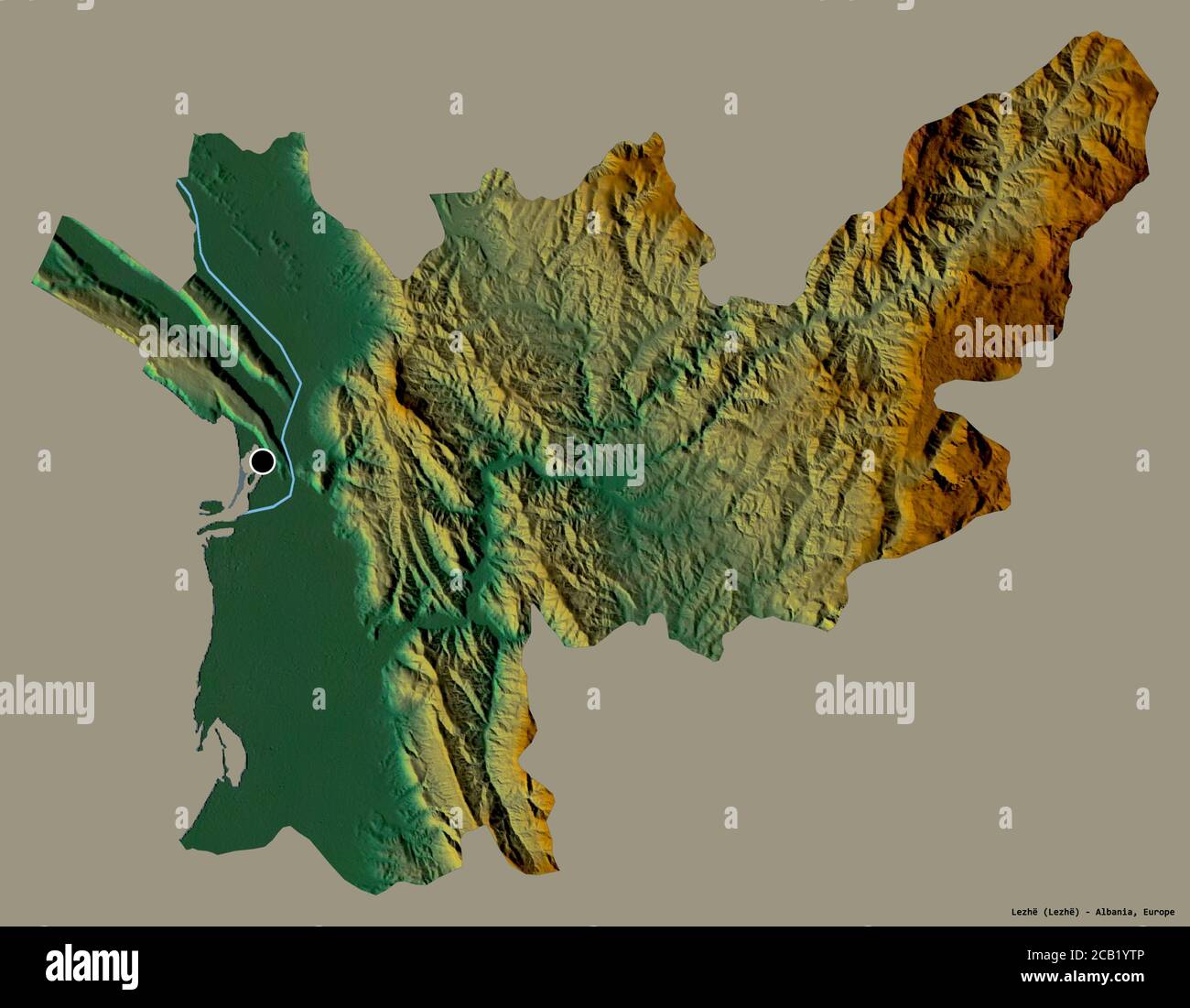 Shape of Lezhë, county of Albania, with its capital isolated on a solid ...