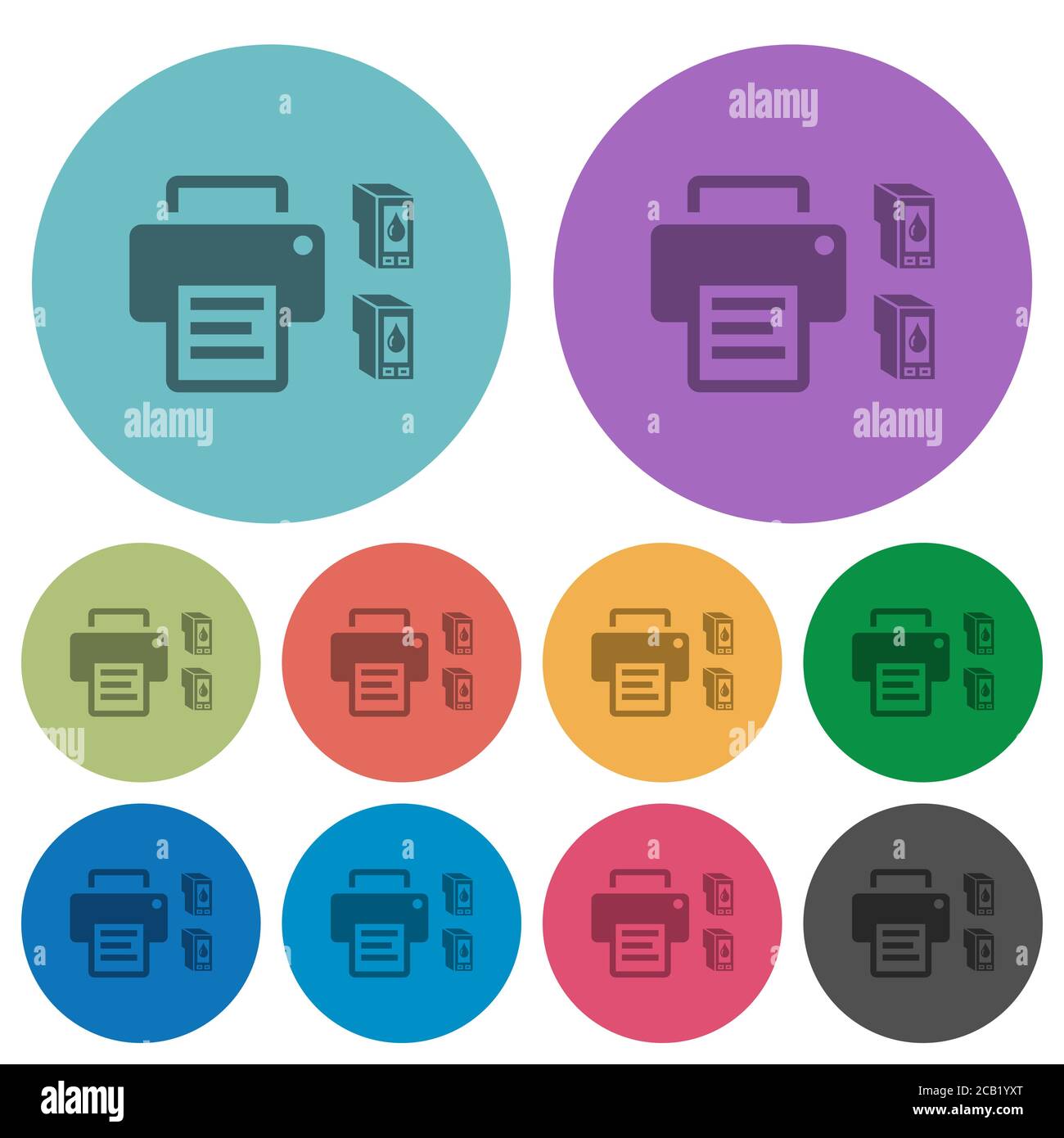 Printer and ink cartridges darker flat icons on color round background ...