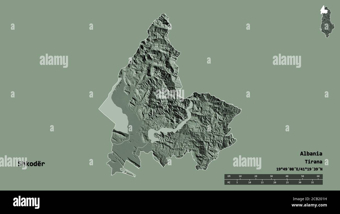 Shape of Shkodër, county of Albania, with its capital isolated on solid ...