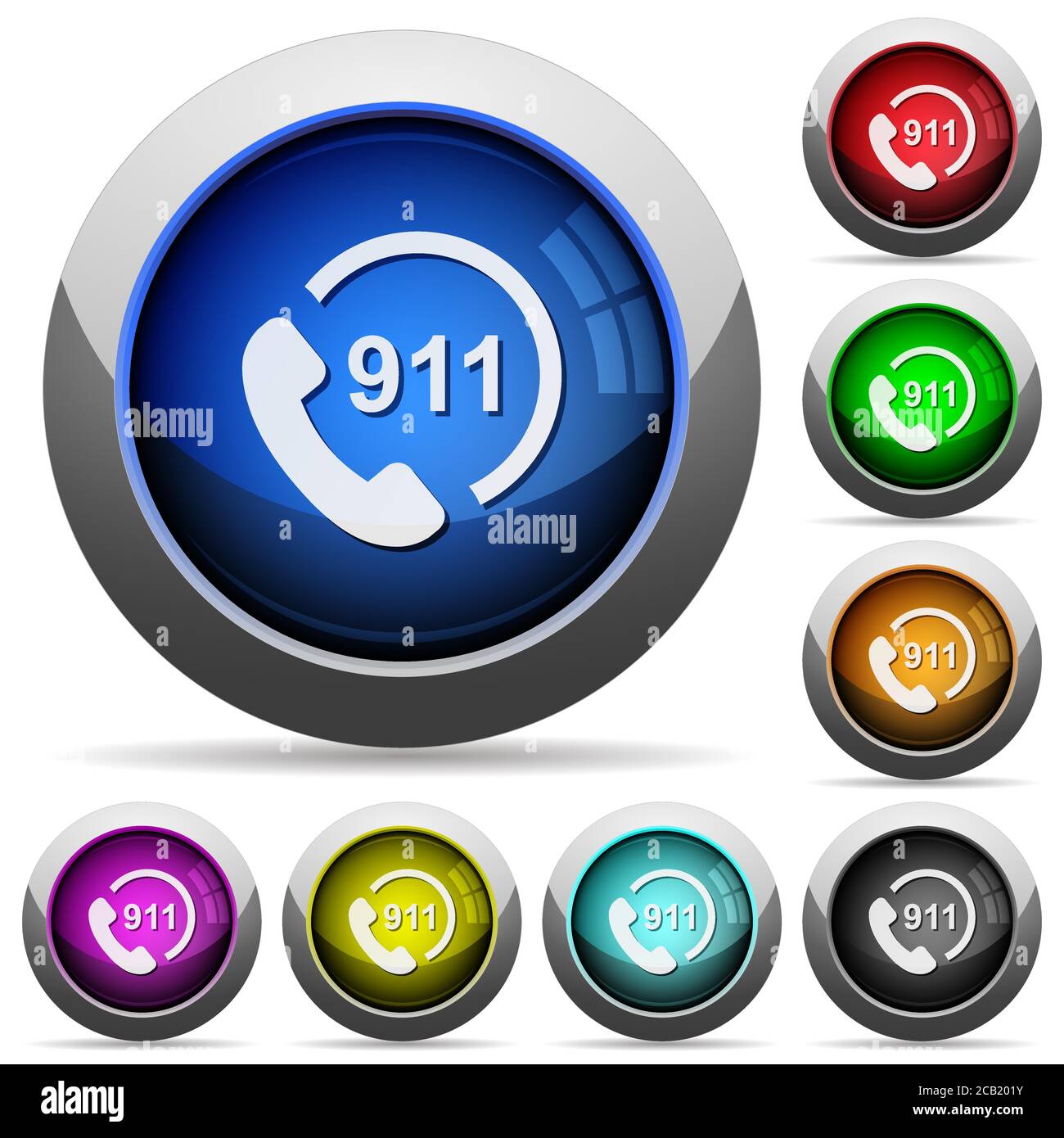 Emergency call 911 icons in round glossy buttons with steel frames ...