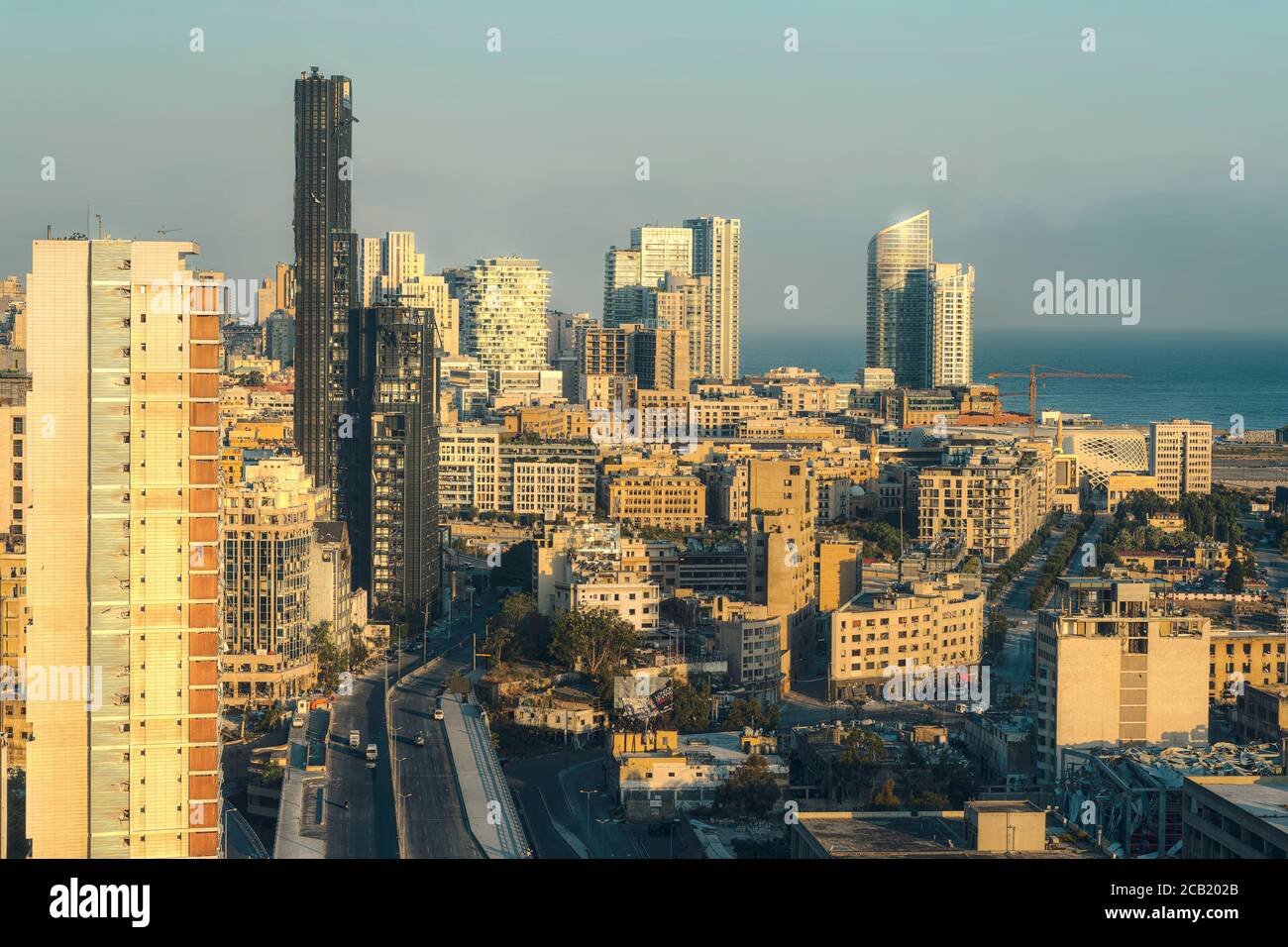 Beirut, Lebanon - August 05 2020: Aerial view of Beirut destruction as ...