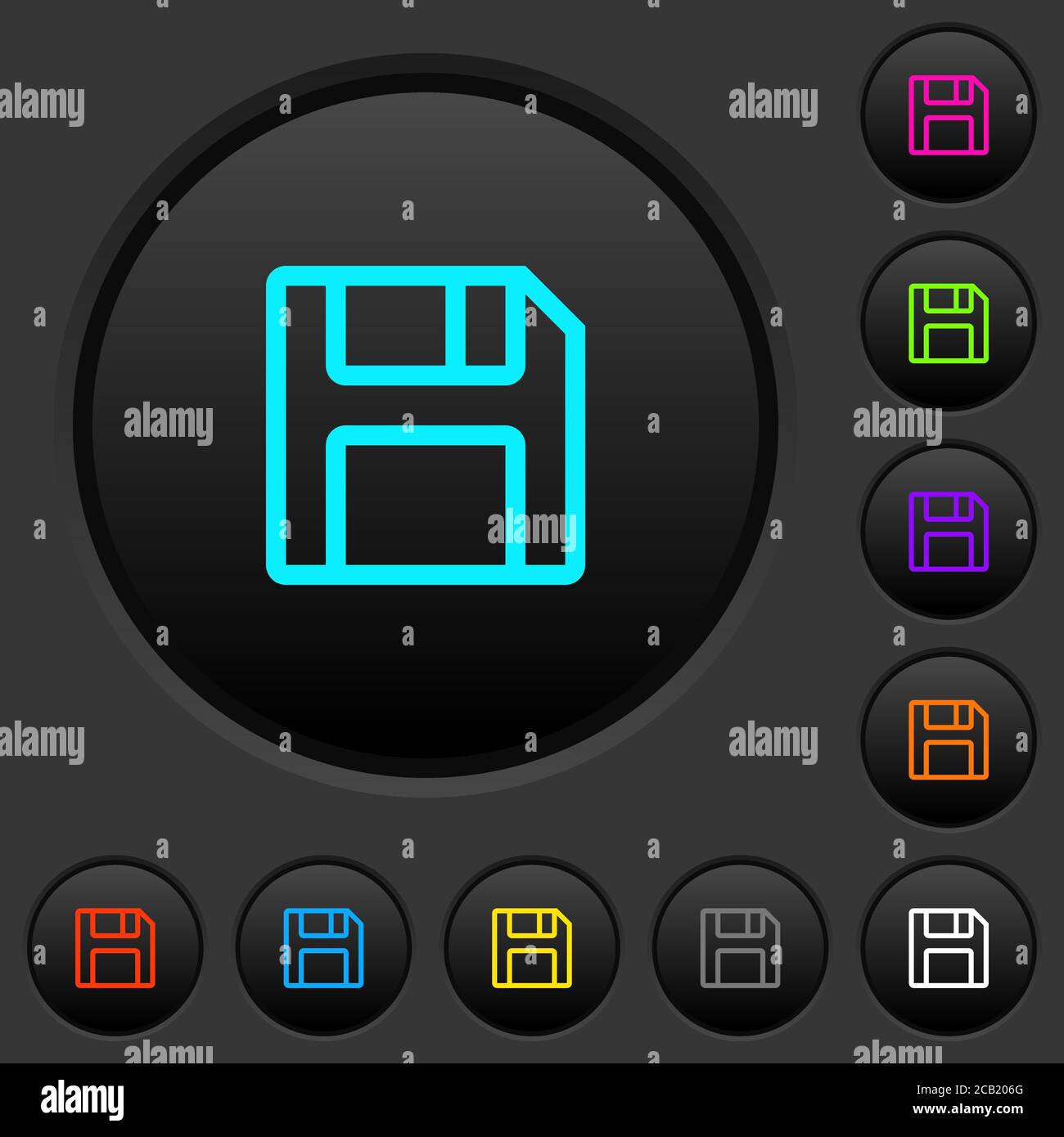 Floppy disk as save symbol dark push buttons with vivid color icons on ...