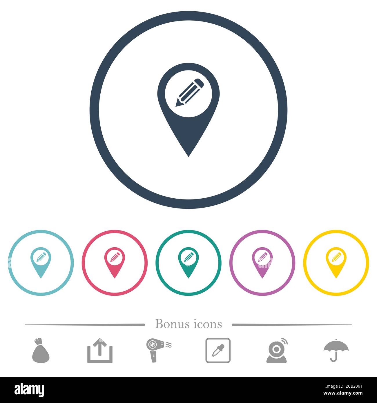 Edit GPS map location flat color icons in round outlines. 6 bonus icons ...