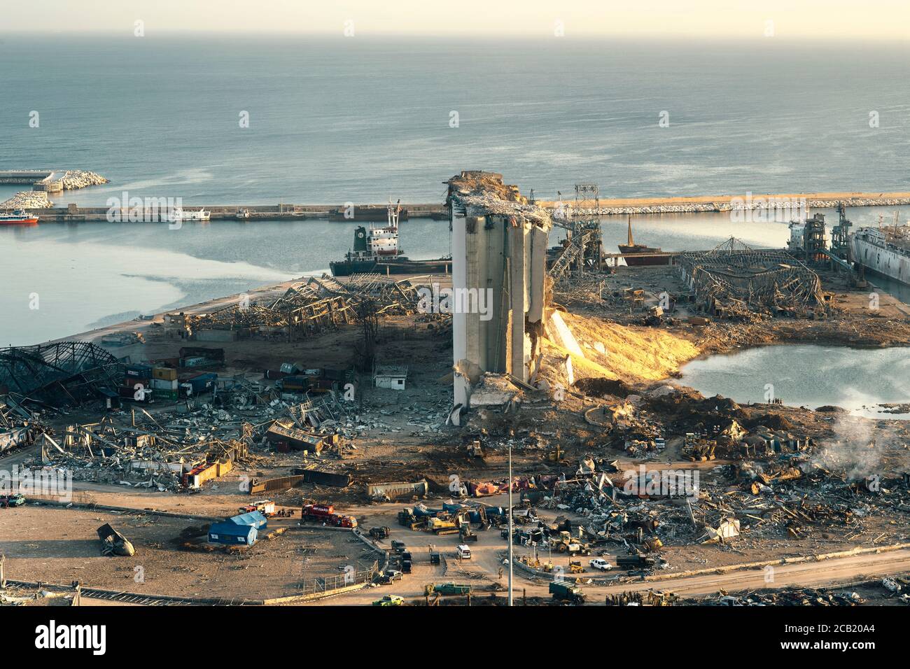 Beirut, Lebanon - August 05 2020: Aerial view of Beirut Port completely ...