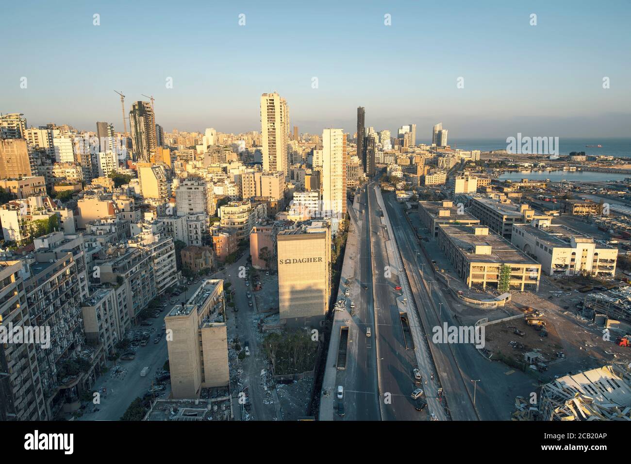 Beirut, Lebanon - August 05 2020: Aerial view of Beirut destruction as ...