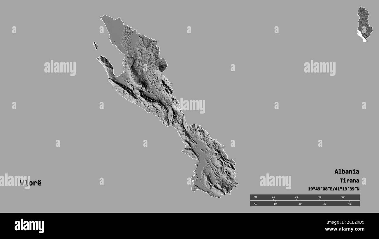 Shape of Vlorë, county of Albania, with its capital isolated on solid ...