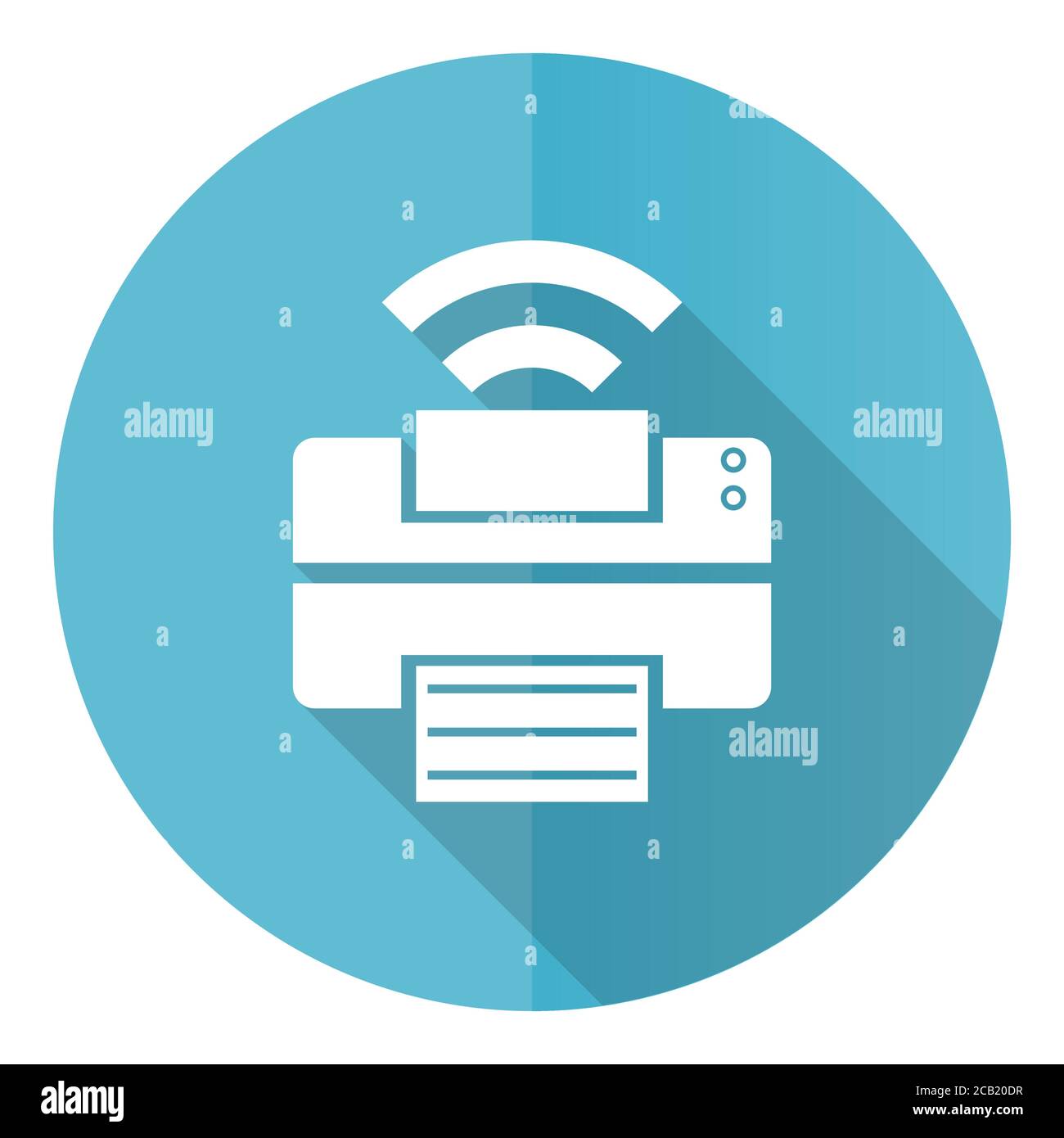 Printer vector icon, flat design blue round web button isolated on ...