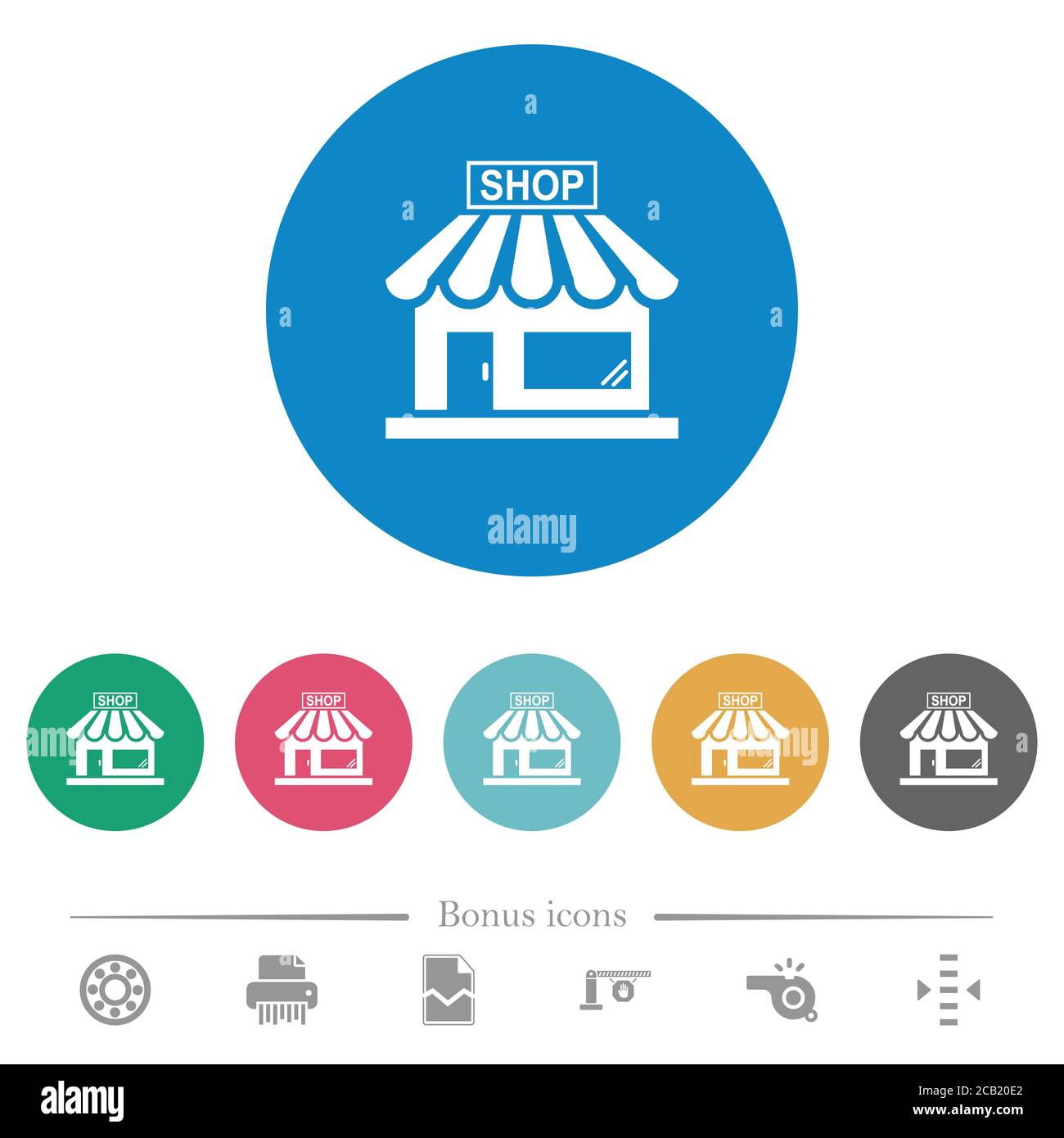 Store front flat white icons on round color backgrounds. 6 bonus icons ...