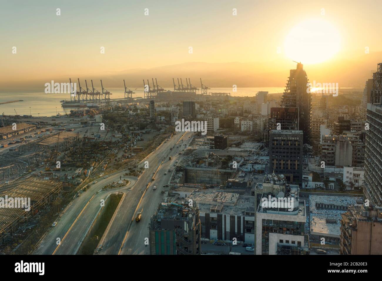 Beirut, Lebanon - August 05 2020: Aerial view of Beirut destruction as ...