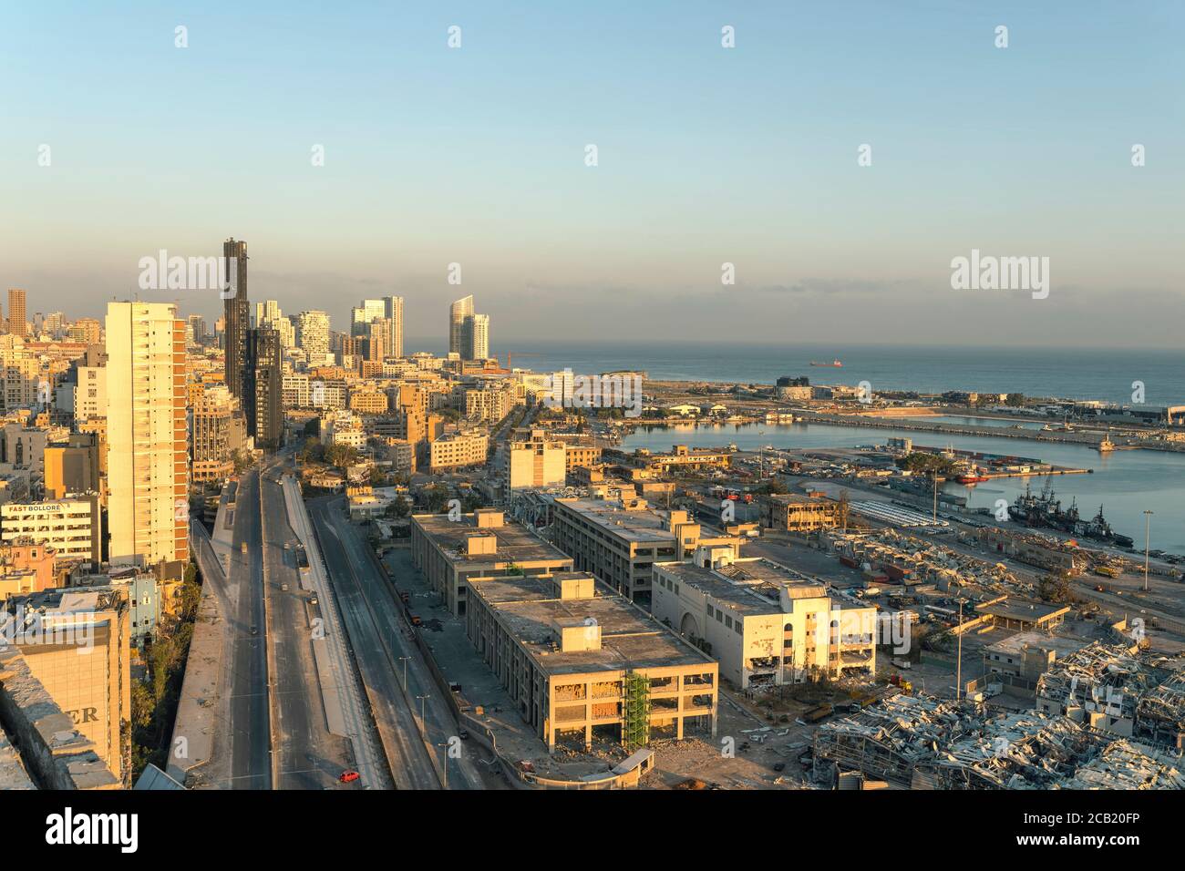 Beirut, Lebanon - August 05 2020: Aerial view of Beirut destruction as ...
