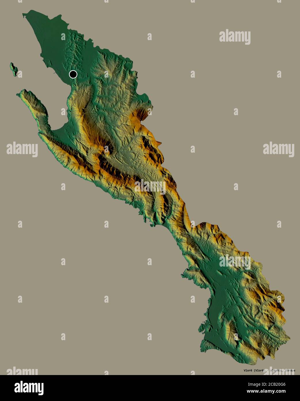 Shape of Vlorë, county of Albania, with its capital isolated on a solid ...