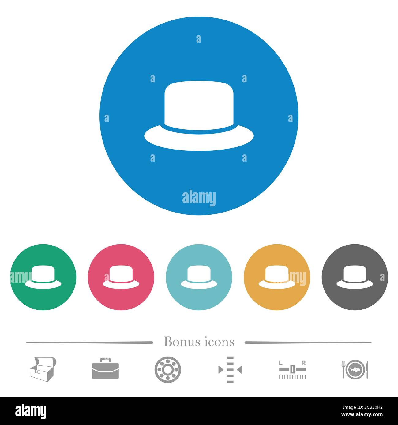 Silk hat flat white icons on round color backgrounds. 6 bonus icons ...