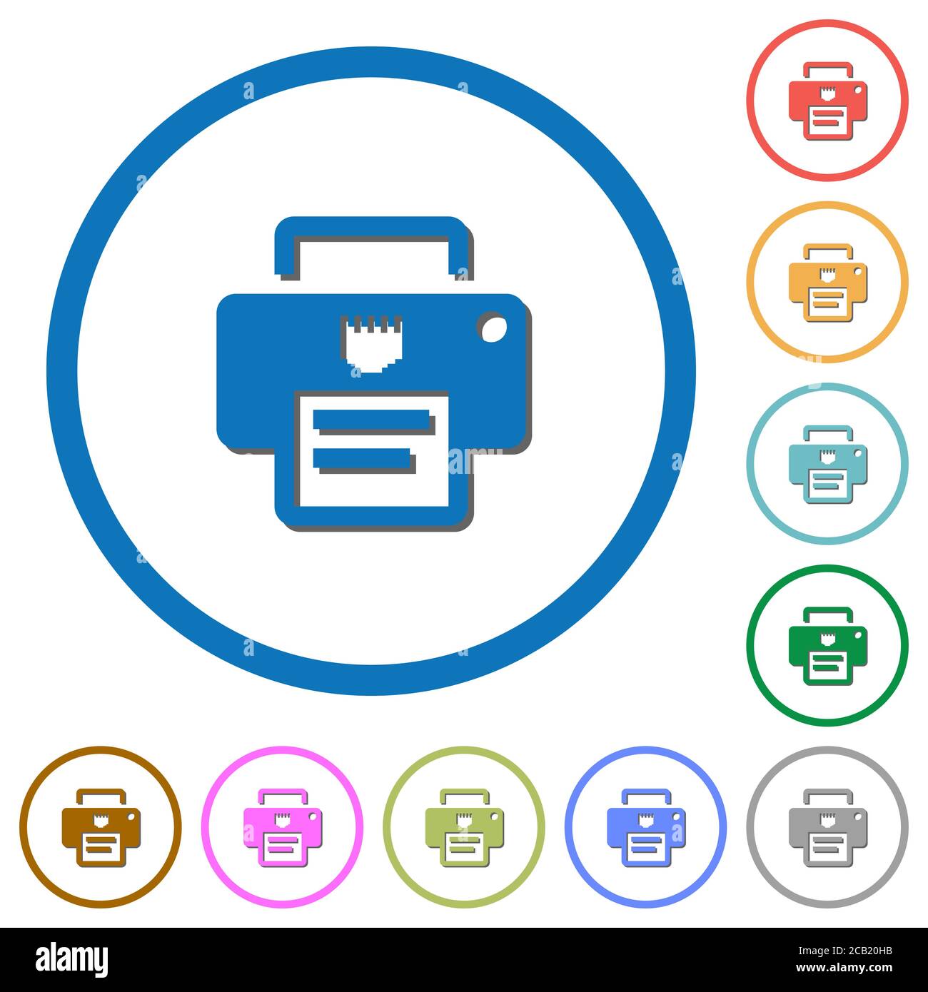 IP printer flat color vector icons with shadows in round outlines on ...