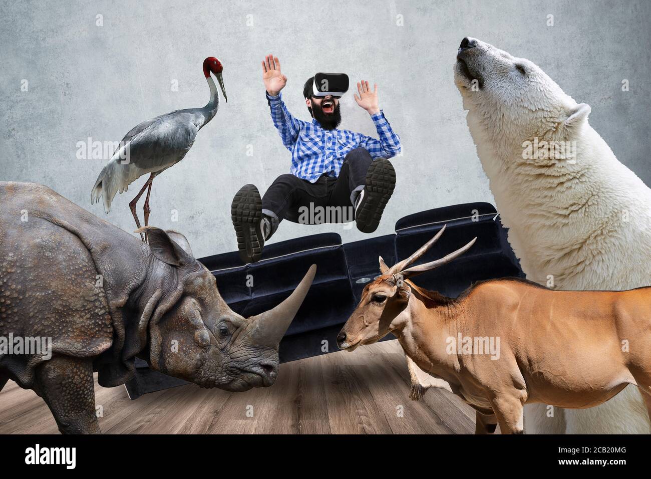 man in VR glasses, surrounded by virtual animals, virtual world ...