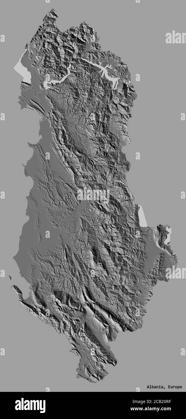 Shape of Albania with its capital isolated on a solid color background ...