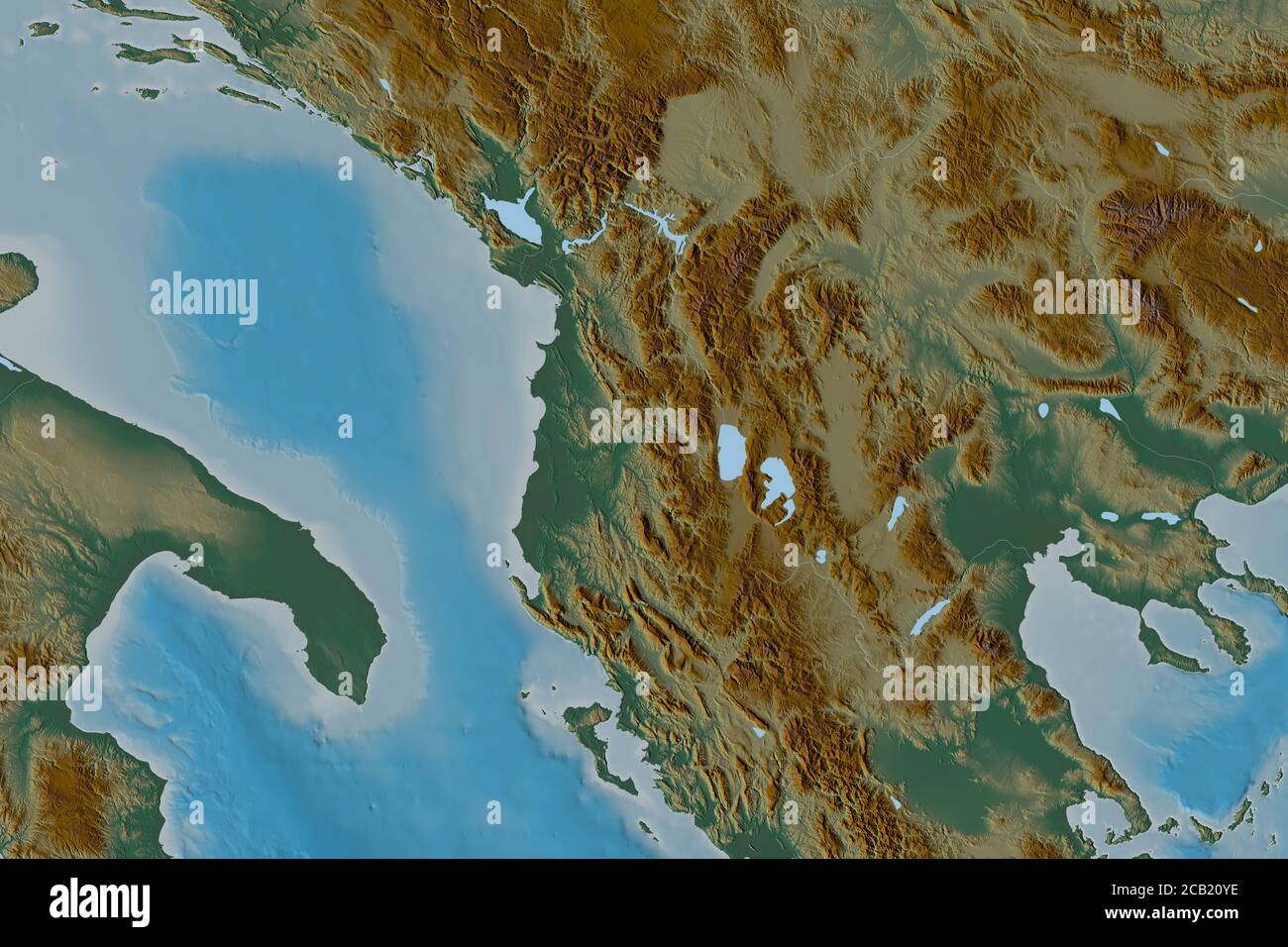 Extended area of Albania. Topographic relief map. 3D rendering Stock ...