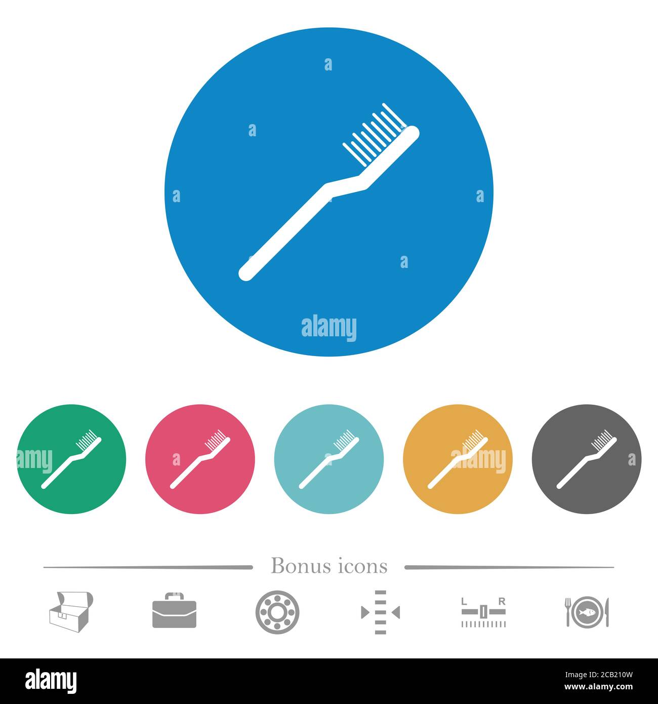 Toothbrush flat white icons on round color backgrounds. 6 bonus icons ...