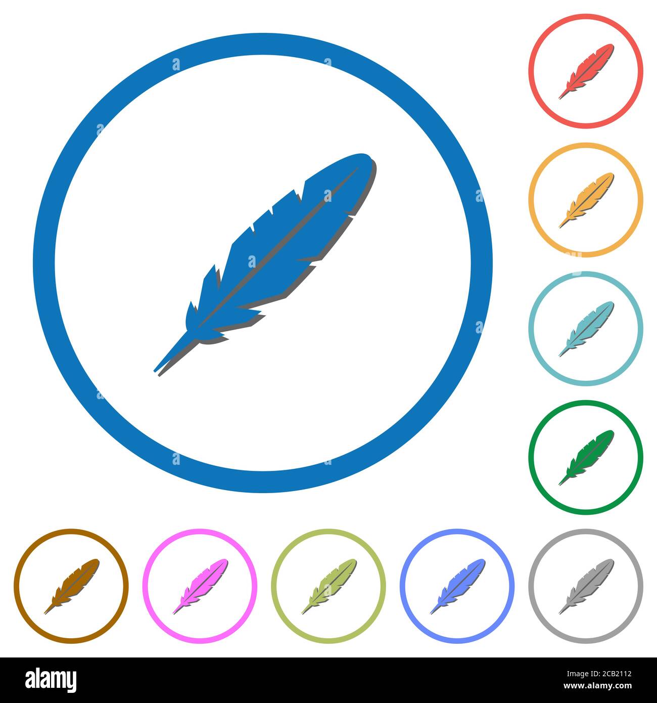 Single feather flat color vector icons with shadows in round outlines ...