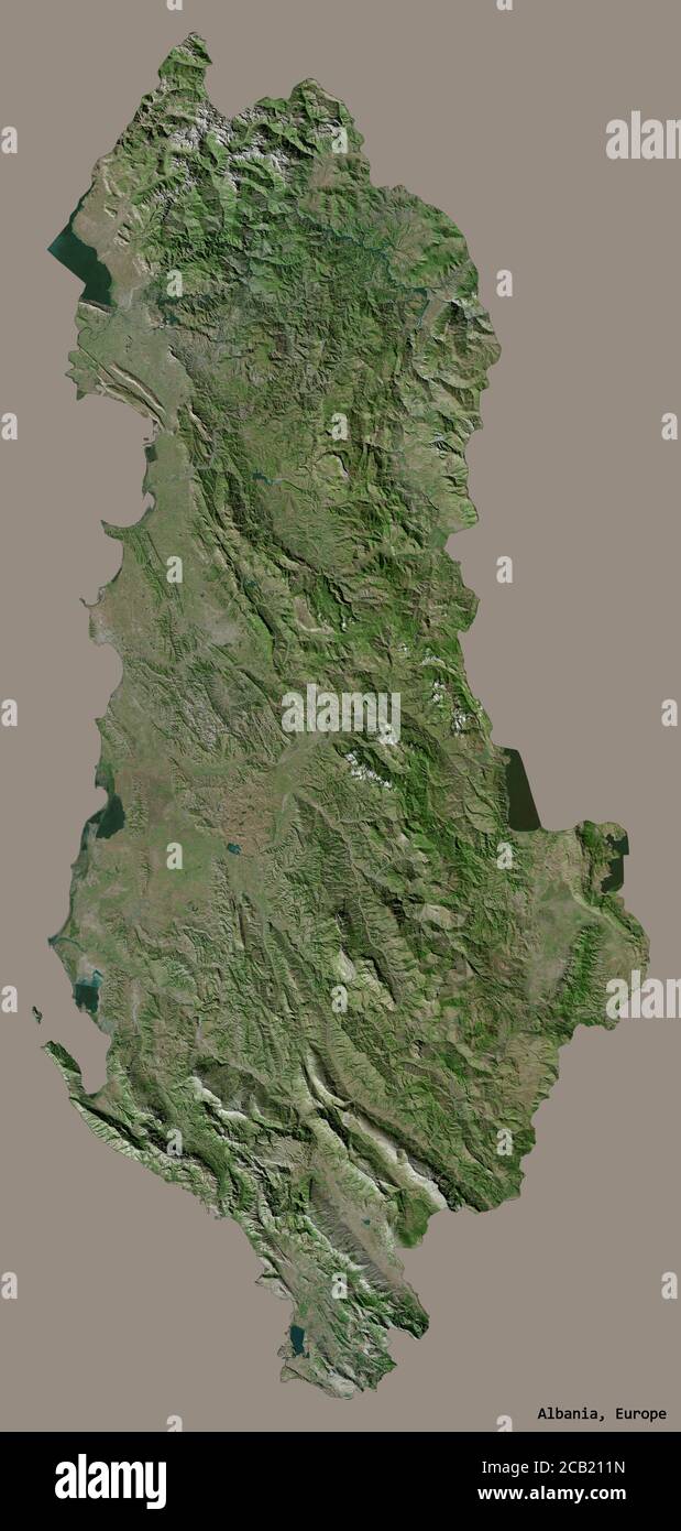 Shape of Albania with its capital isolated on a solid color background ...