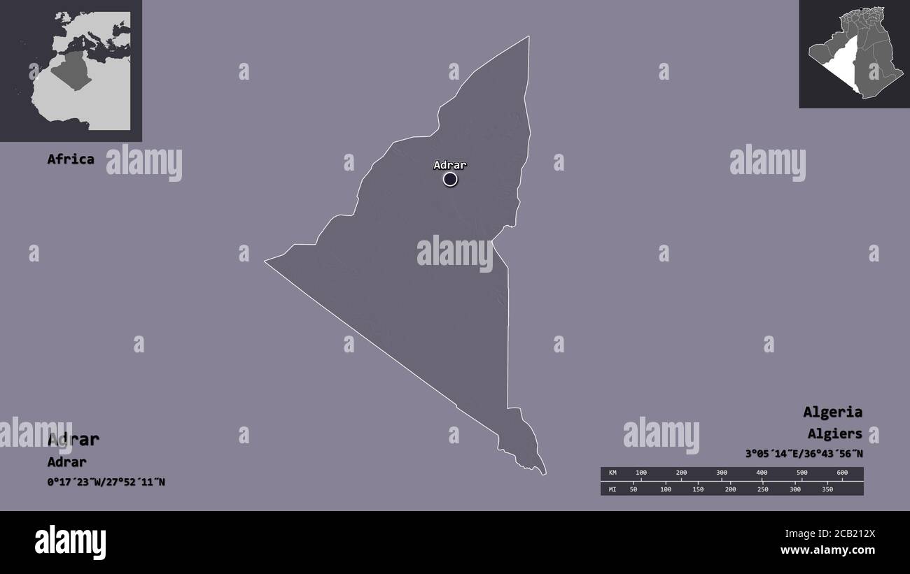 Shape of Adrar, province of Algeria, and its capital. Distance scale ...