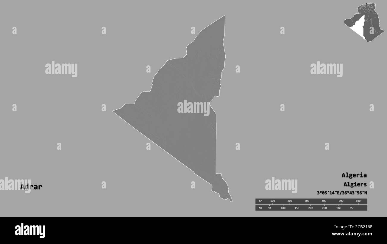 Shape of Adrar, province of Algeria, with its capital isolated on solid ...