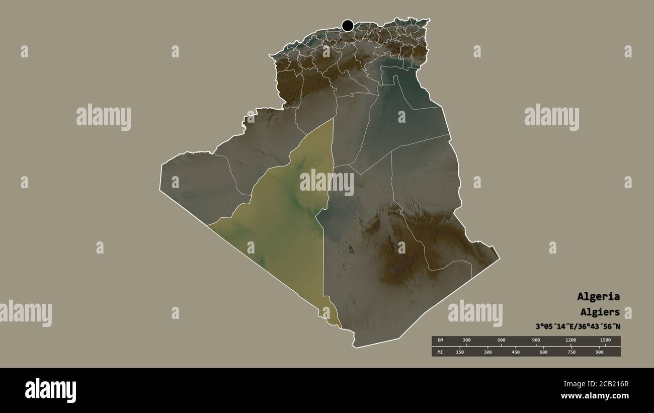 Desaturated shape of Algeria with its capital, main regional division ...