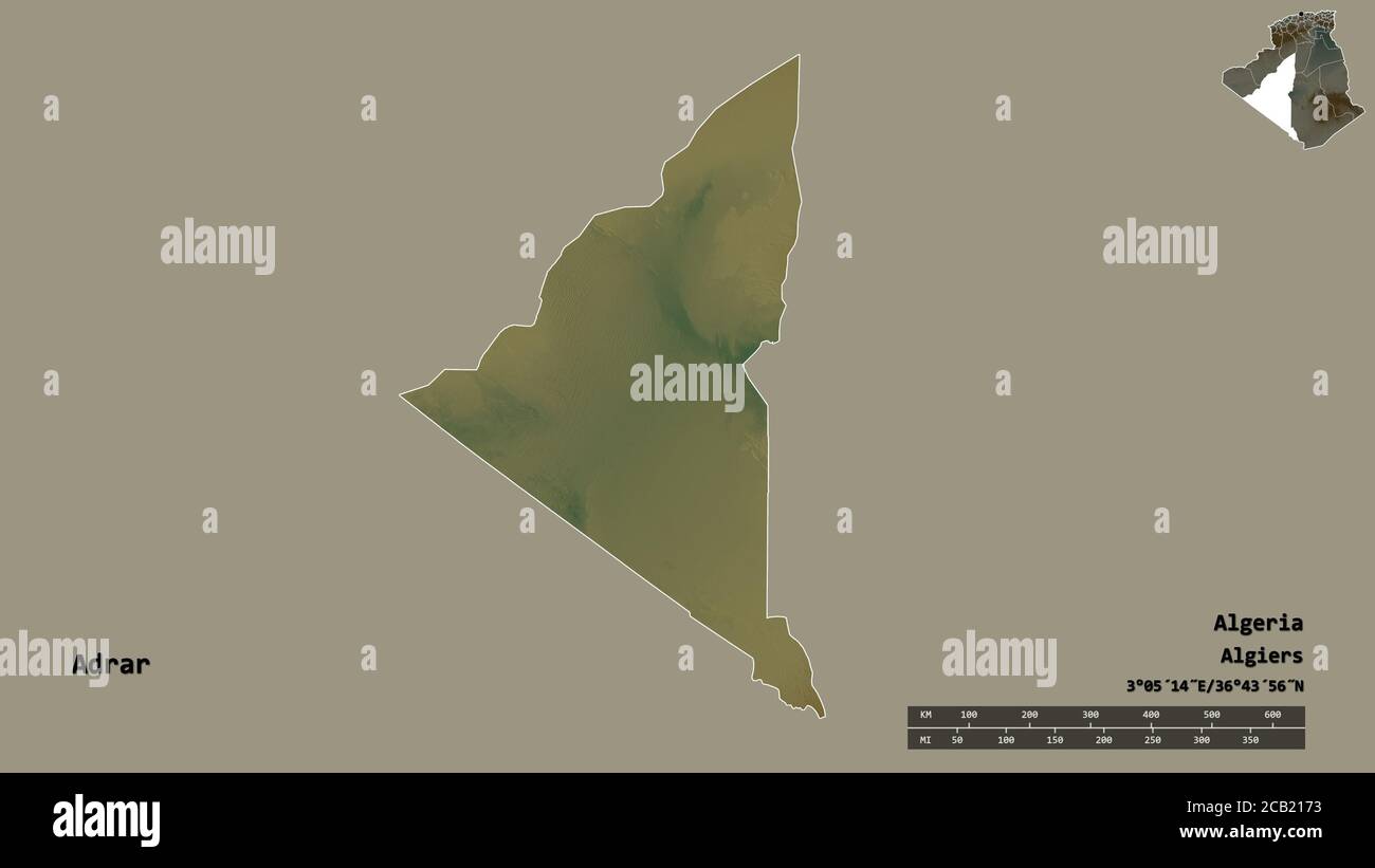 Shape of Adrar, province of Algeria, with its capital isolated on solid ...