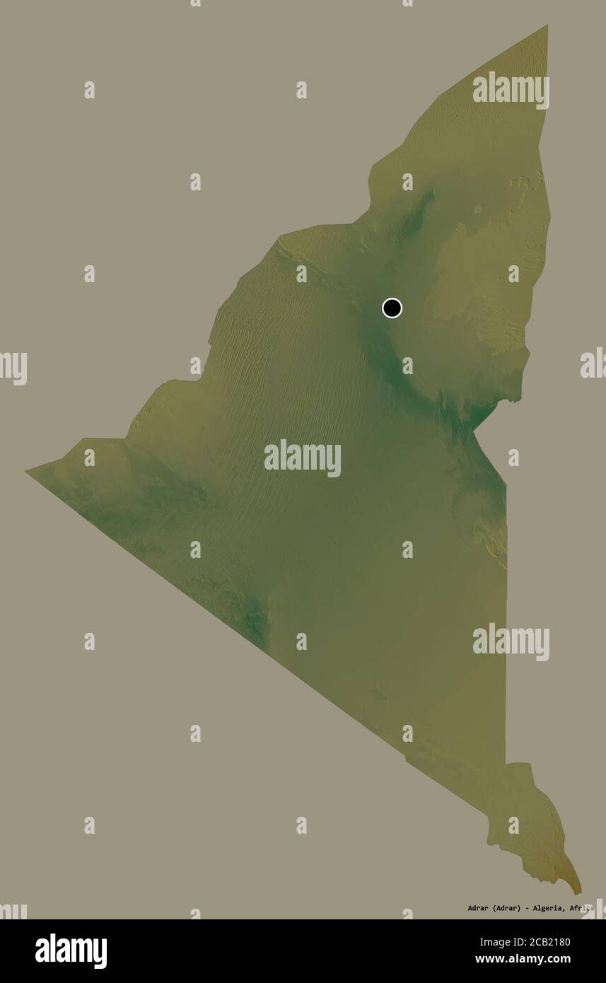 Shape of Adrar, province of Algeria, with its capital isolated on a ...