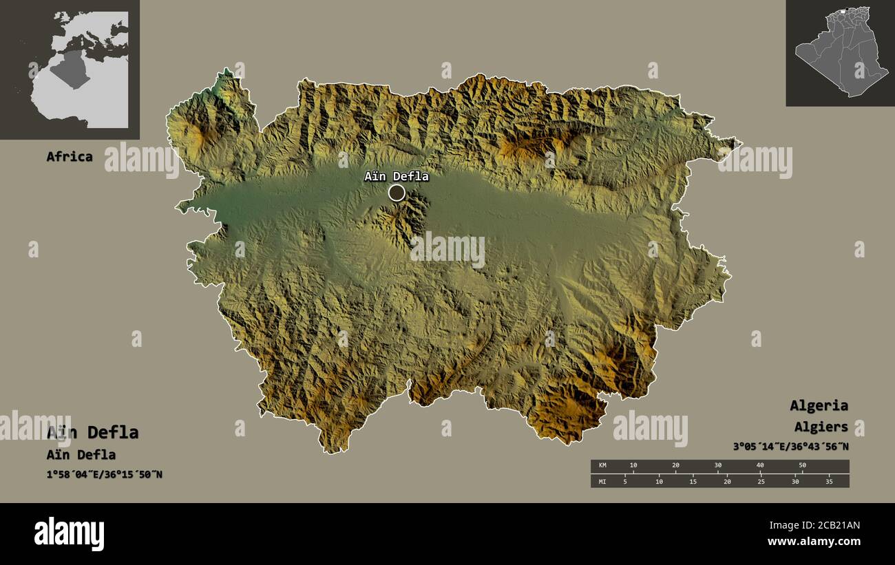 Shape of Aïn Defla, province of Algeria, and its capital. Distance ...