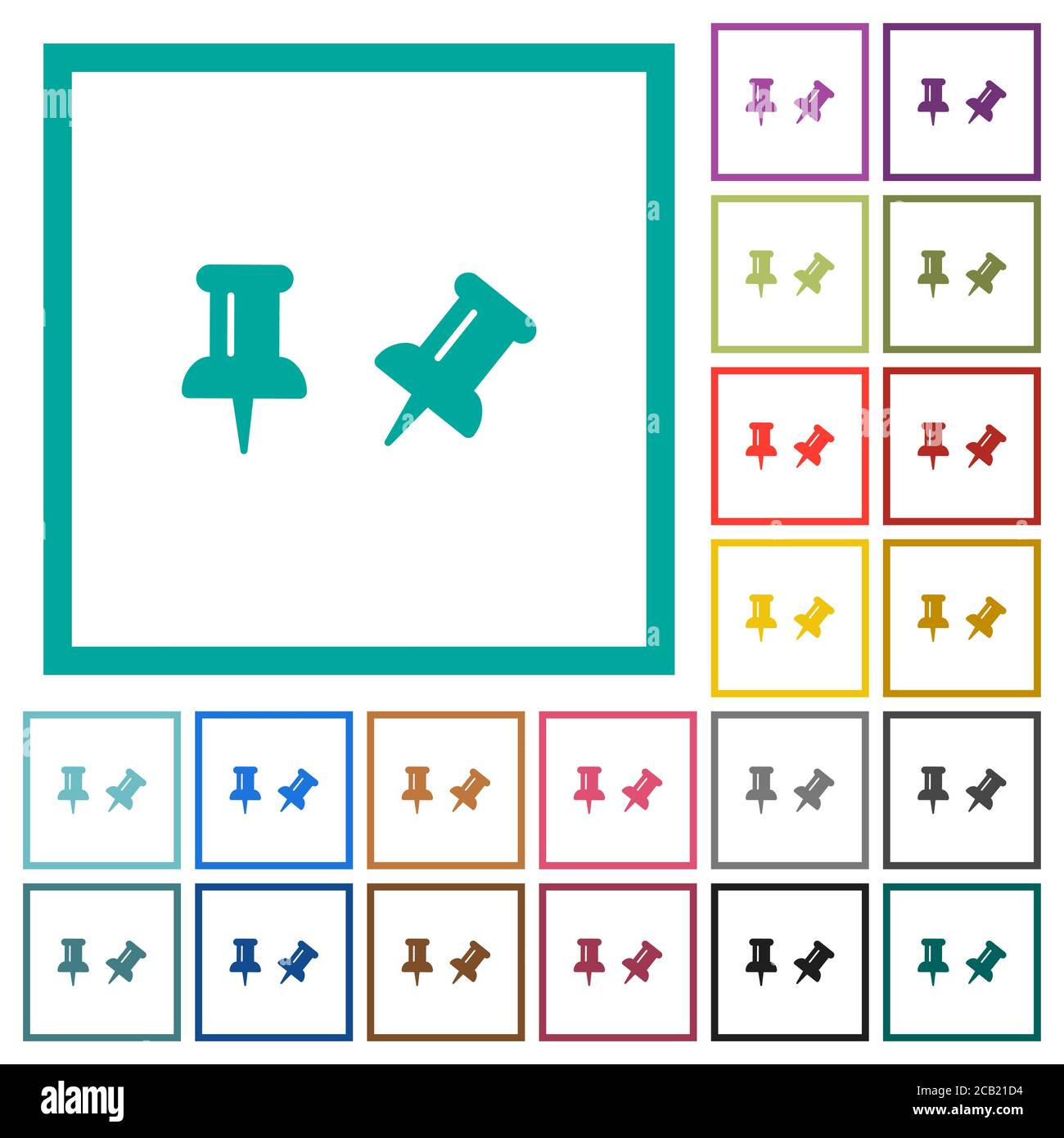 Toggle pin flat color icons with quadrant frames on white background ...