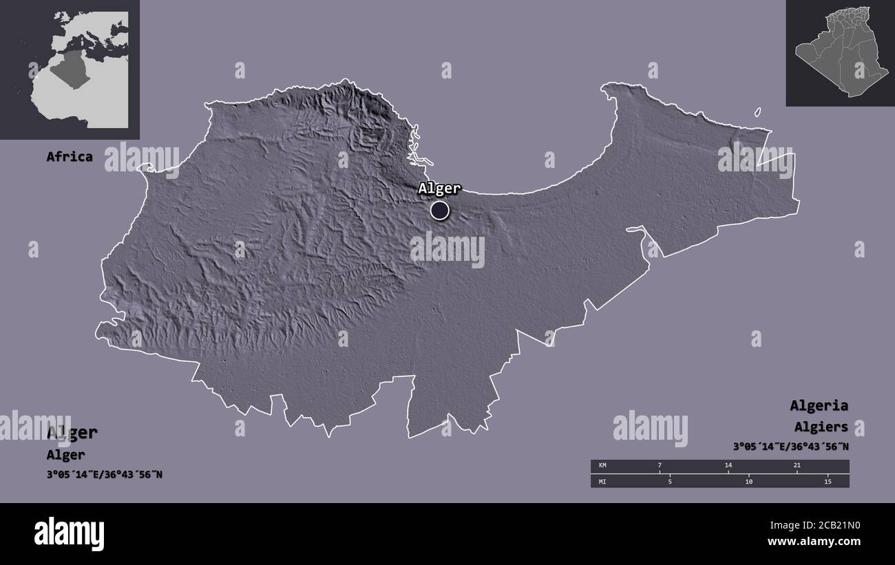 Shape of Alger, province of Algeria, and its capital. Distance scale ...