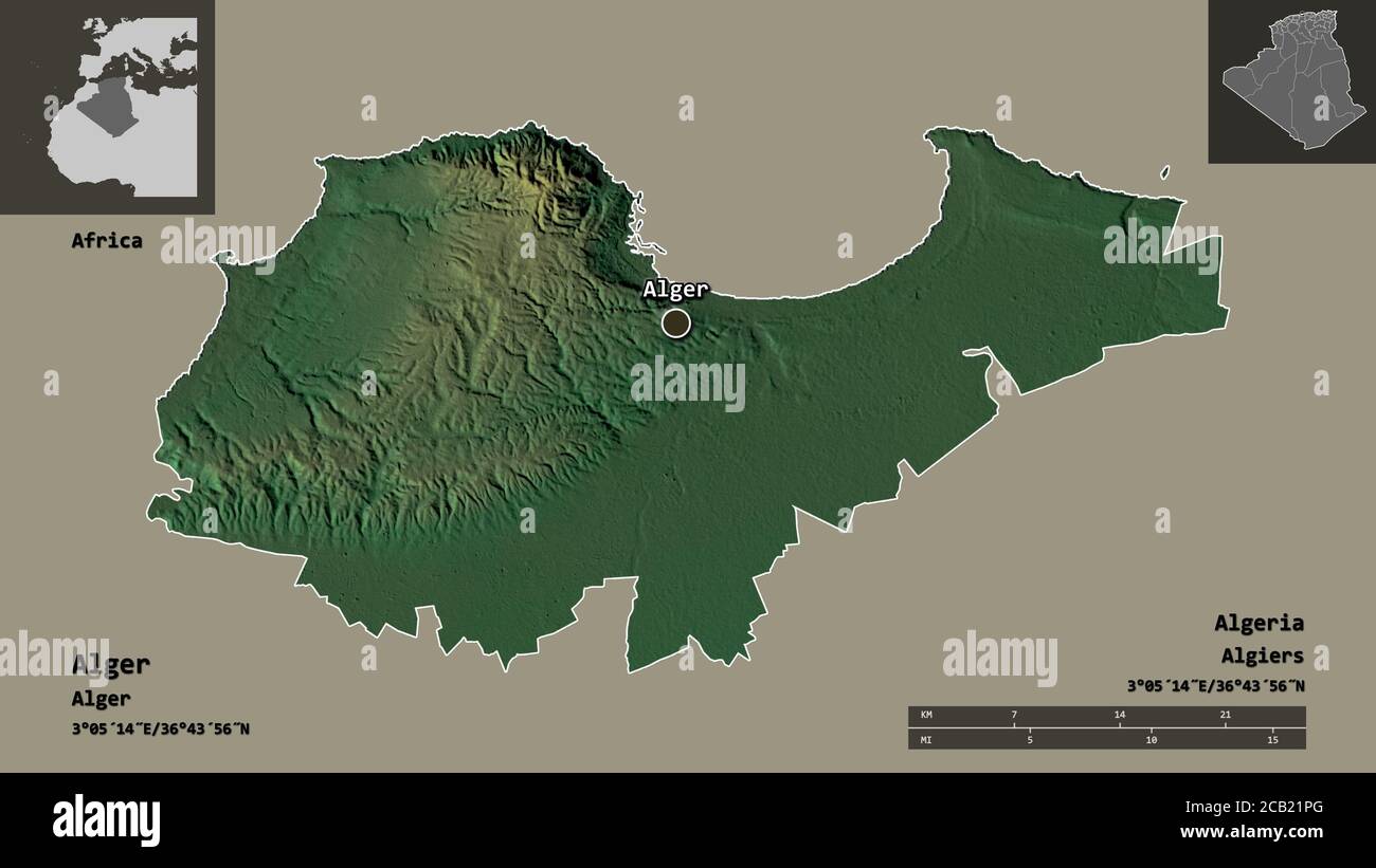 Shape of Alger, province of Algeria, and its capital. Distance scale ...
