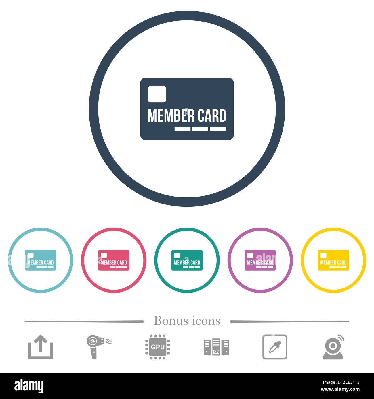Member card flat color icons in round outlines. 6 bonus icons included ...