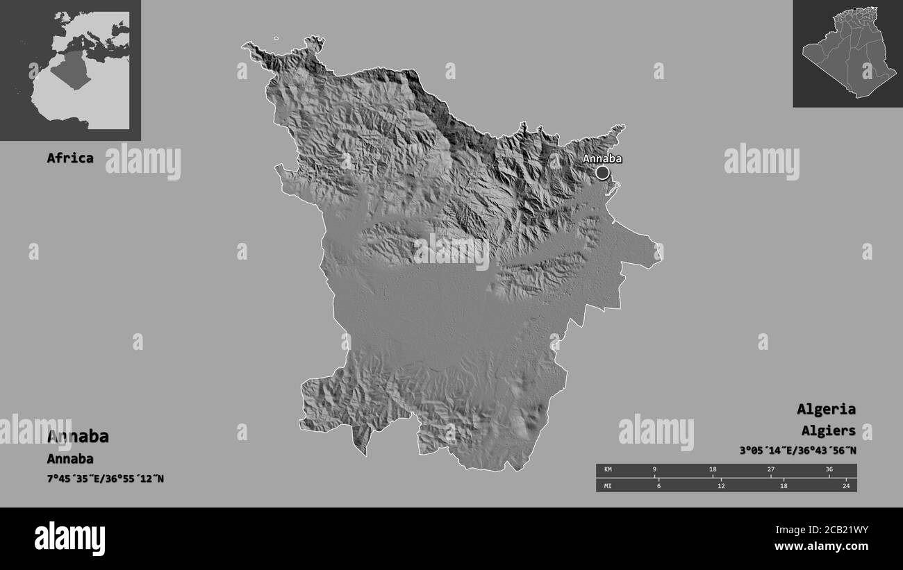Shape of Annaba, province of Algeria, and its capital. Distance scale ...
