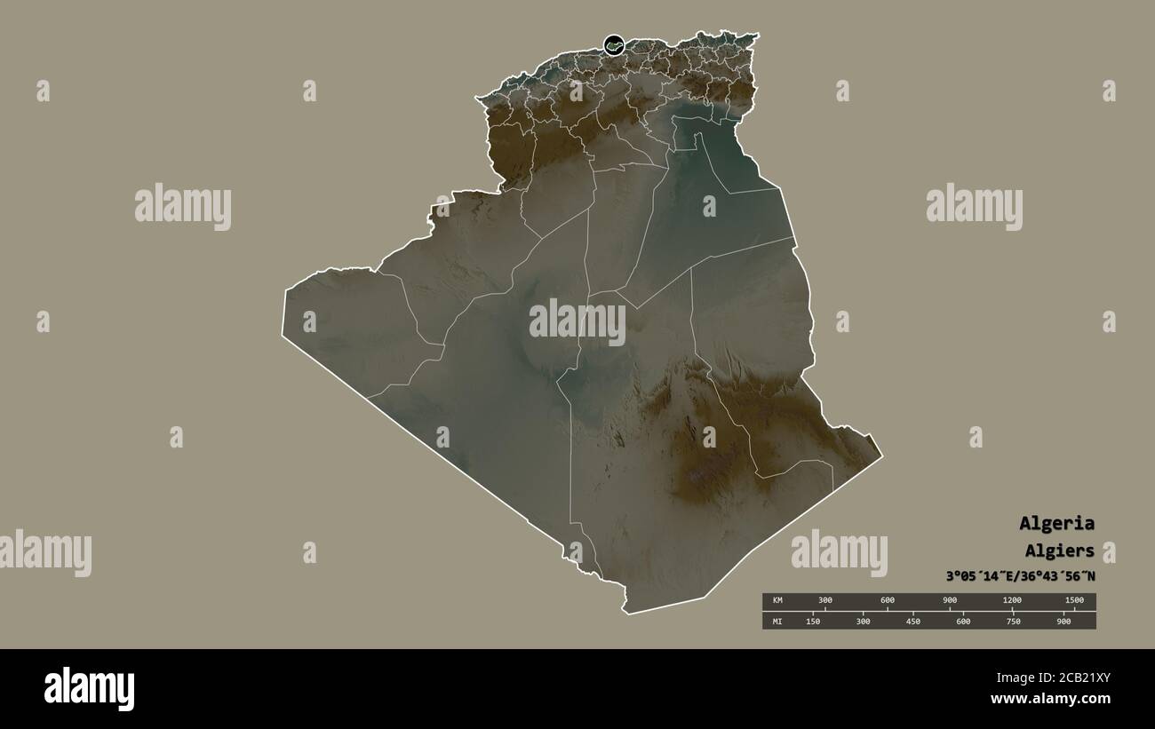 Desaturated shape of Algeria with its capital, main regional division ...