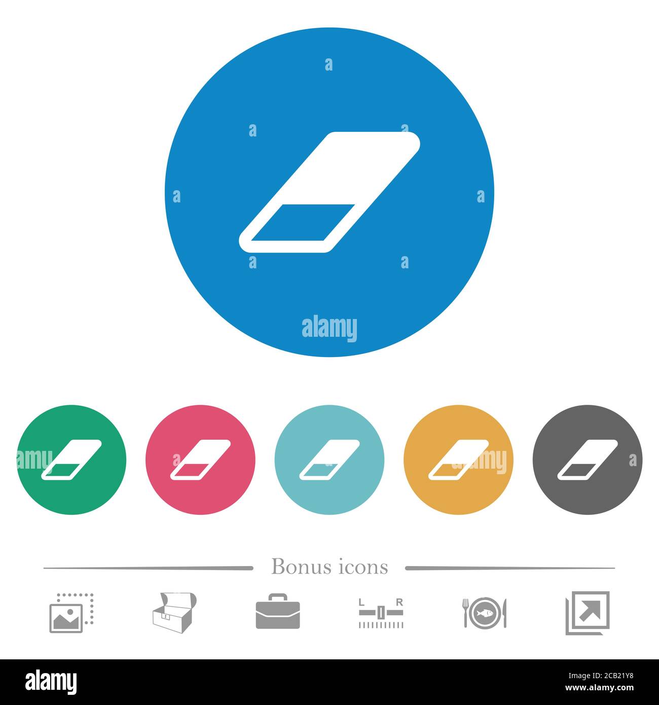 Eraser flat white icons on round color backgrounds. 6 bonus icons ...