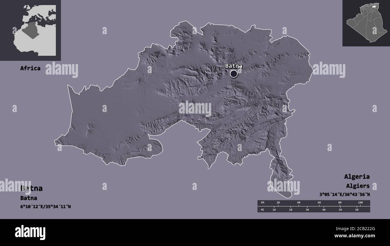 Shape of Batna, province of Algeria, and its capital. Distance scale ...
