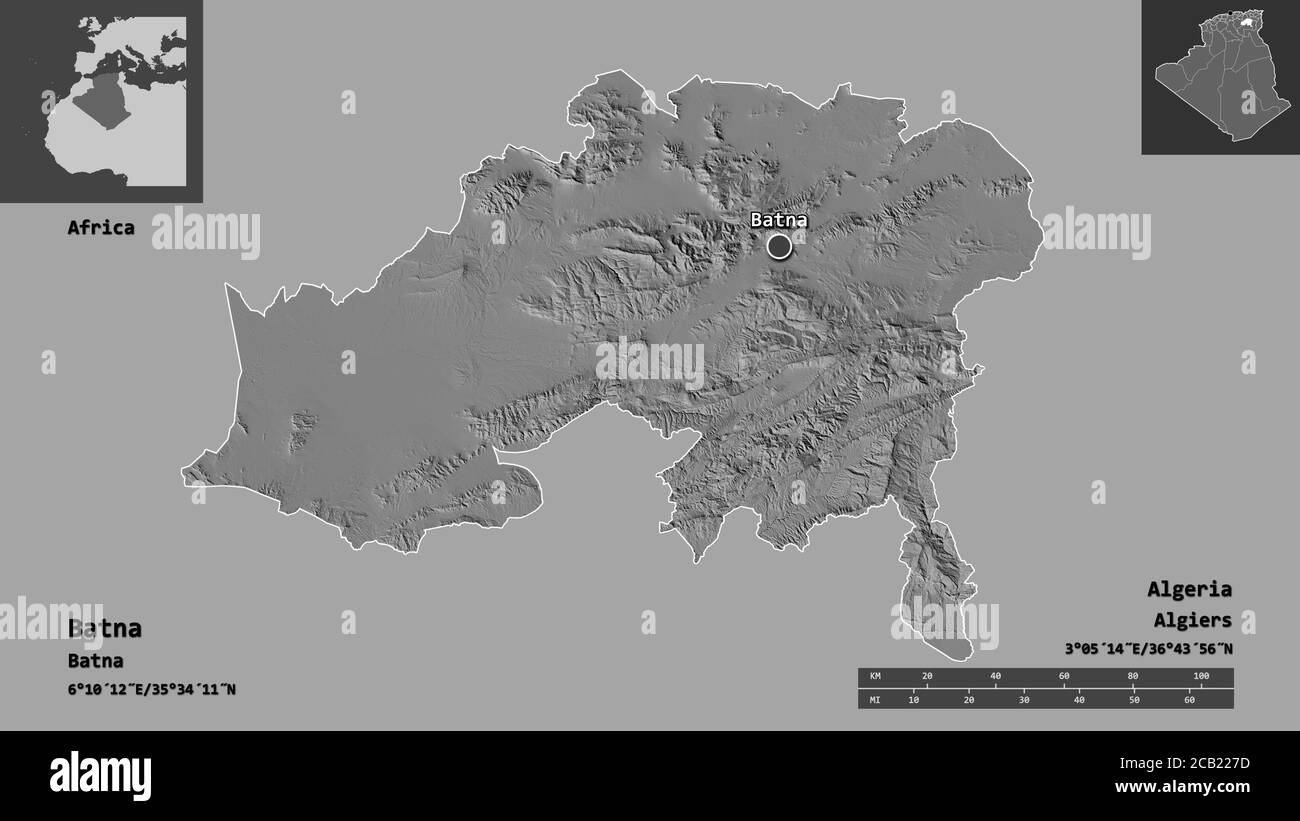 Shape of Batna, province of Algeria, and its capital. Distance scale ...